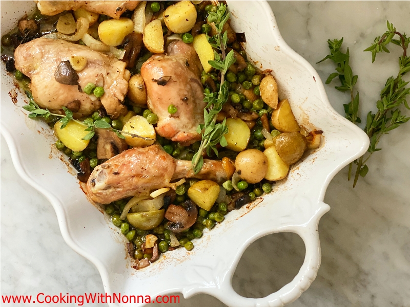Baked Chicken Marsala with Peas Mushrooms & Potatoes