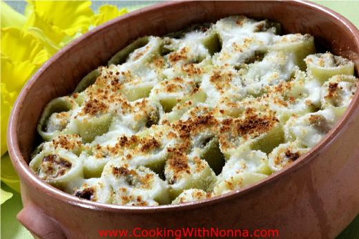 Stuffed Paccheri with Porcini, Sausage and Pistachio